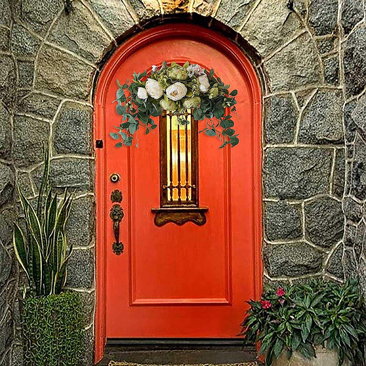 JVSISM Floral Swag, Peony Flowers and Eucalyptus Leaves, Front Door Lintel Swag, for Wedding Wall Window Arch Home Garden Decor