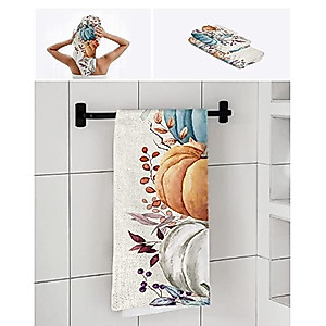 Fall Burlap Bathroom Towel Set,Microfiber Bath Kitchen Beach Hand Dish Towels Set,Quick Dry Luxury Soft Decorative Towels+Set Clearance Bulk Decor(3-PC) Teal Orange White Pumpkin Eucalyptus Leaves