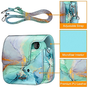 Fintie Protective Case for Fujifilm Instax Mini 7+ Instant Camera - Premium Vegan Leather Bag Cover with Removable Adjustable Strap, Emerald Marble