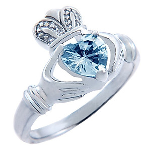 Personalized Sterling Silver Solitaire March Birthstone CZ Heart Irish Claddagh Ring (Size 7)