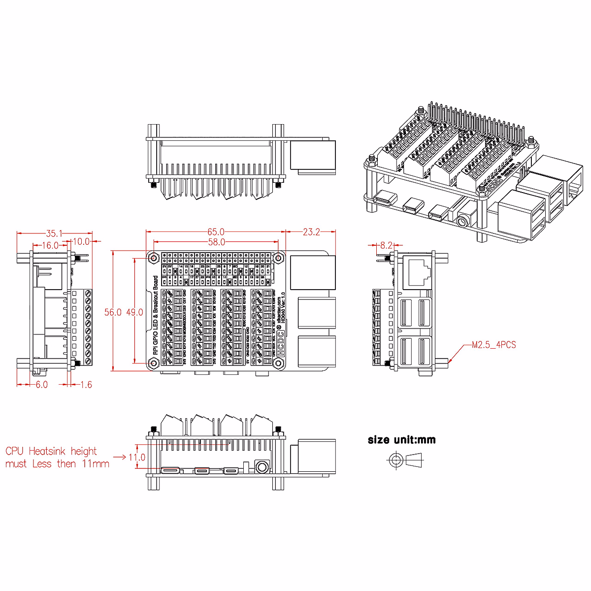 HCDC RPi GPIO Status LED & Terminal Block Breakout Board HAT for Raspberry Pi A+ 3A+ B+ 2B 3B 3B+ 4B