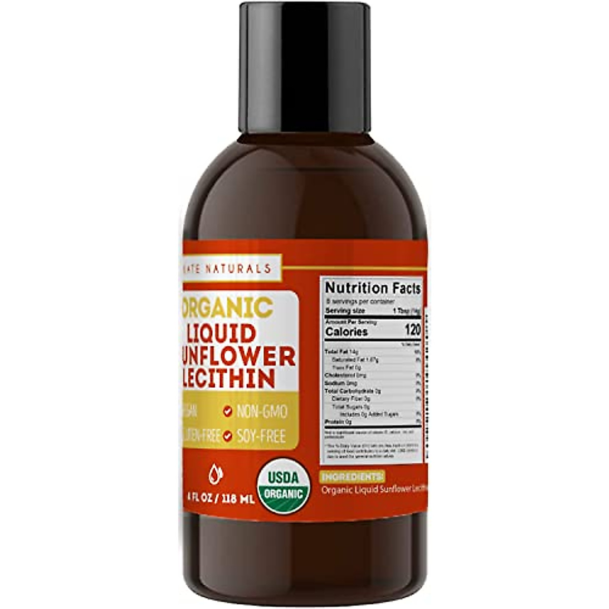 Kate Naturals Organic Sunflower Lecithin Liquid for Brownies, Gummies and Cooking (4oz) Vegan & Gluten Free. Organic Liquid Lecithin Sunflower for Lactation Supplement, Baking, and Smoothies