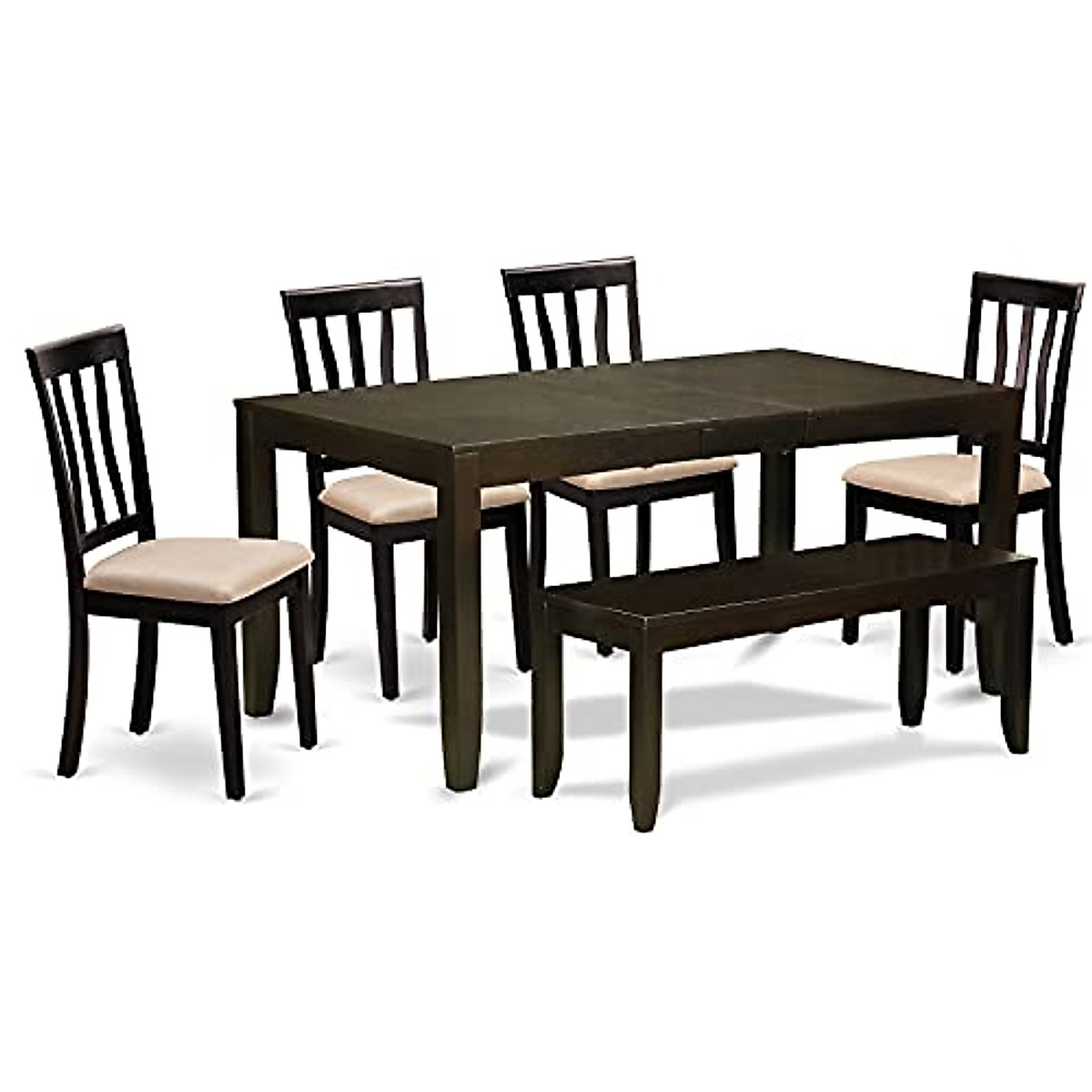 East West Furniture Lynfield 6 Piece Set Contains a Rectangle Dining Room Table with Butterfly Leaf and 4 Linen Fabric Upholstered Chairs with a Bench, 36x66 Inch, Cappuccino