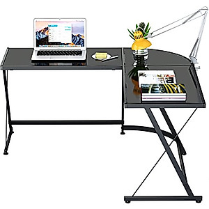SHW Gaming Desk Computer L-Shape Corner Studio Table, Black, Glass Top