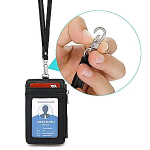 Leamekor ID Badge Holder with Neck Lanyard PU Leather ID Badge Wallet Case with 1 ID Window, 4 Card Slots, 1 Side Zipper Pocket