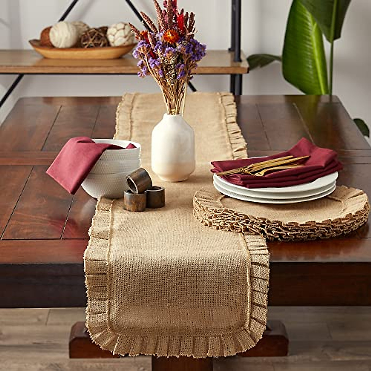 DII Jute Burlap Collection Kitchen Tabletop, Placemat Set, 15" Round, Ruffle Trim Natural, 6 Count