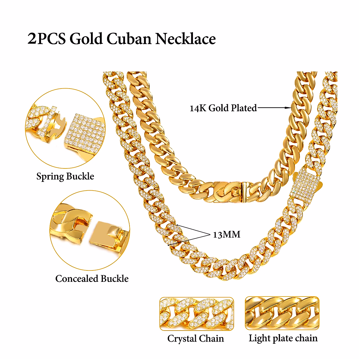 DLSIXNCO 2PCS Cuban Link Chain for Men Women Miami Cuban Link Chain Necklace Gold Silver Plated Bling Diamond Chain Trendy Choker Chain Necklaces Jewelry for Men (Gold, 16inch+18inch)
