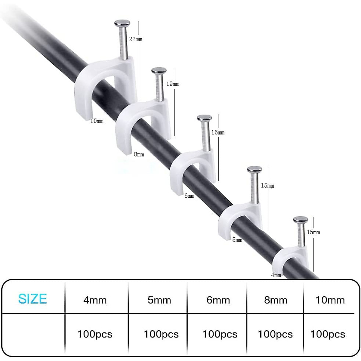 AGPTEK 500pcs Cable Clips with Steel Nails 4mm 5mm 6mm 8mm 10mm Cable Management for RG6, RG59, CAT6, RJ45 Cable Coax Cable, Ethernet Cable, TV Wire Cable, Telephone Cable, Led Starlight, Print Cable