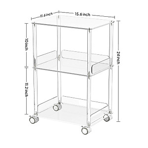AQUIVER Acrylic Rolling Side Table - 3 Tiers End Table with Lockable Wheels - Small Clear Table for Living Room, Bedroom, Office - 15.6'' L x 11.6'' W x 24'' H