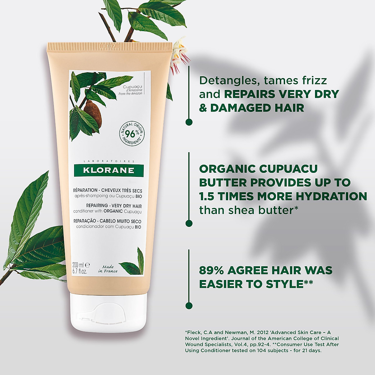 Klorane Conditioner with Organic Cupuaçu Butter, Nourishing & Repairing for Very Dry Damaged Hair, SLS/SLES-Free, Biodegradable, 6.7 fl. oz.