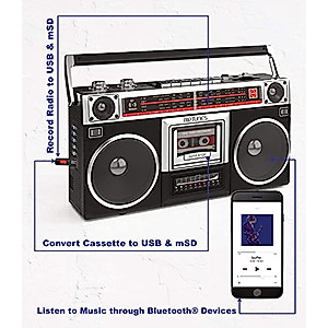 Riptunes Boombox Radio Cassette Player Recorder, AM/FM -SW1/SW2 Radio, Wireless Streaming, USB/Micro SD Slots, Aux in, Headphone Jack, Convert Cassettes to USB/SD, Classic 80s Style Retro, Black