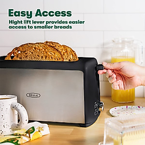 BELLA 4 Slice Toaster, Long Slot & Removable Crumb Tray, 7 Shading Options with Auto Shut Off, Cancel & Reheat Button, Toast Bread & Bagel, Stainless Steel & Black