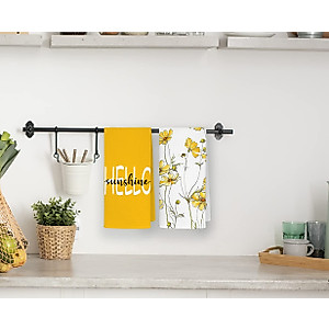 QODUNG Hello Sunshine Summer Spring Soft Kitchen Towels Dishcloths 16x24 Inch Set of 2,Hand Drawn Daisy Flower Drying Cloth Hand Towels Tea Towels for Kitchen