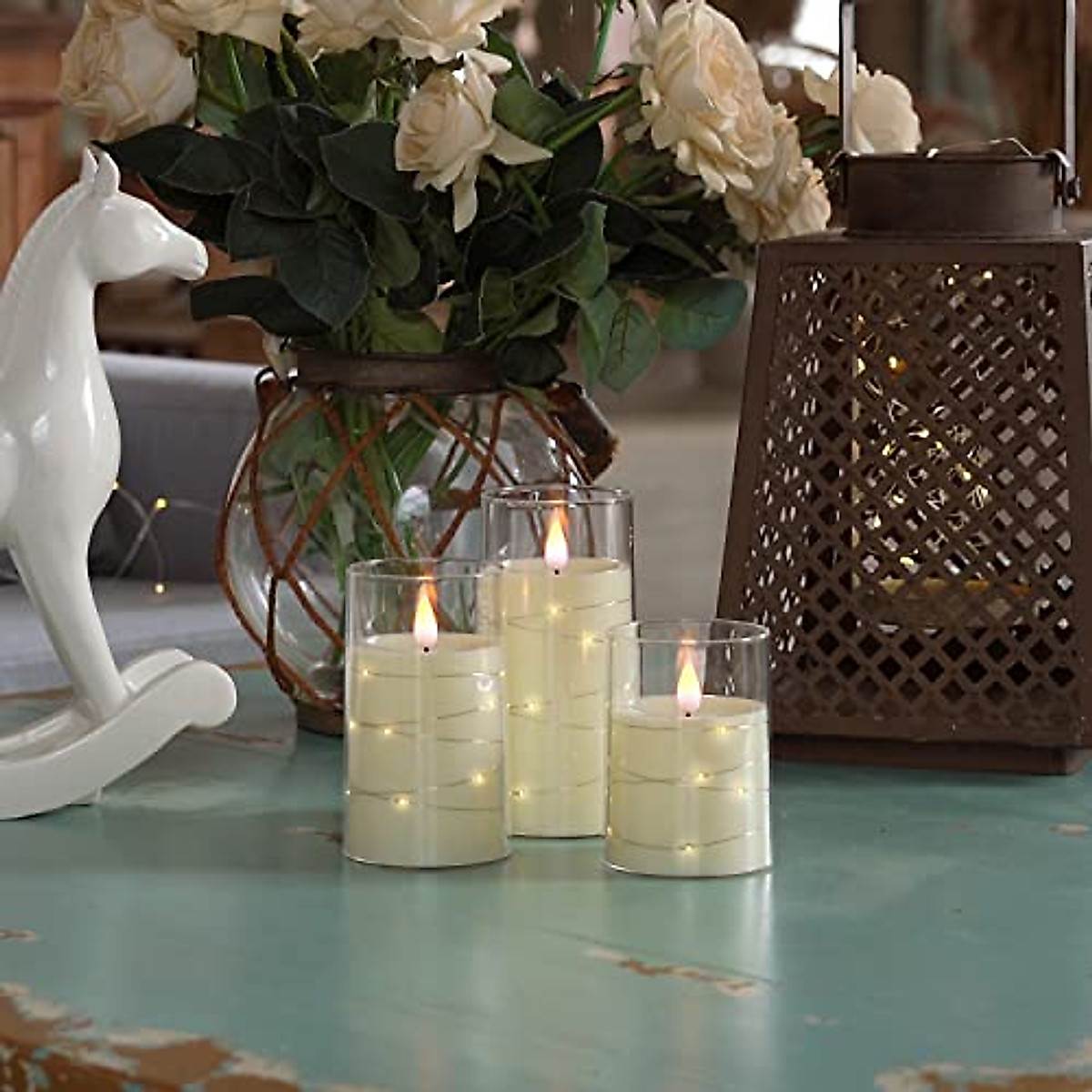 Amagic Flameless Candles with Flickering String Lights, LED Battery Operated Candles, Embedded String Light Candle with Remote and Timers for Home Decoration, Ivory, Set of 3