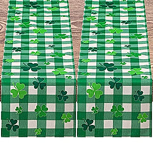 2 Pieces St. Patrick's Day Table Runner Green White Check with Shamrock Table Runner Irish Burlap Table Runners Lucky Shamrock Table Runner for Wedding Shower Daily Dinner Party Supplies 13 x 72 Inch