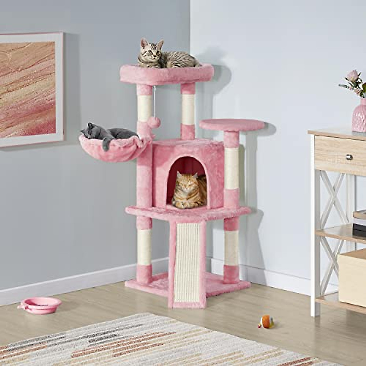 Topeakmart 42in Pink Cat Tree for Indoor Cats, Cat Tower Stand Play House with Sisal-Covered Scratching Posts, Multi-Level Cat Furniture Activity Center