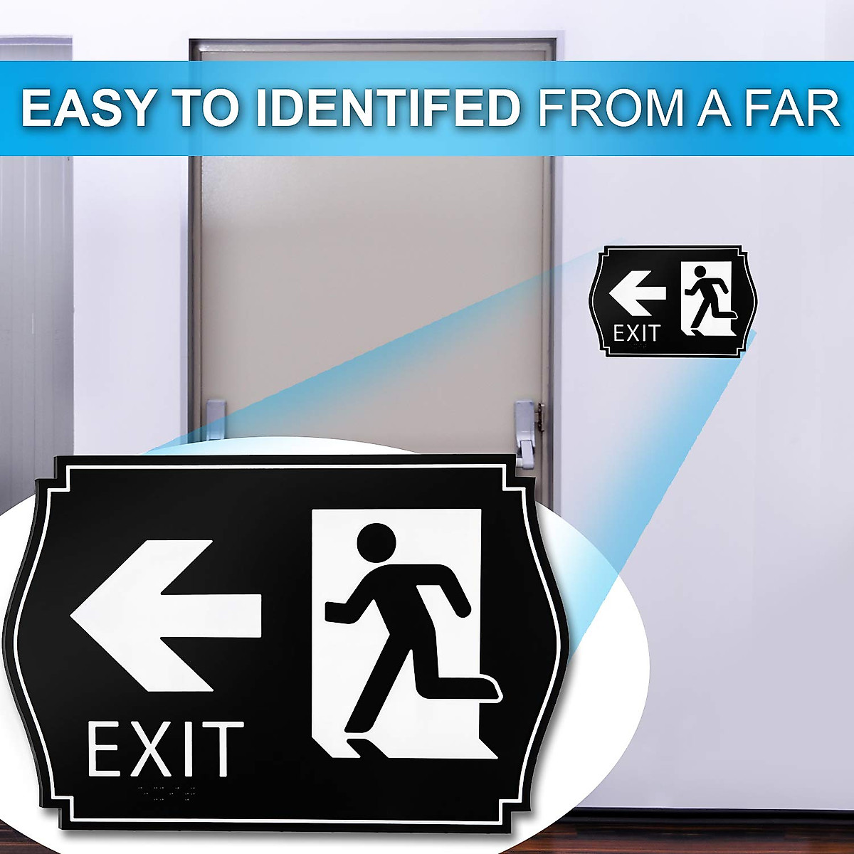 KickFire Classics Exit Sign Braille - ADA Compliant Black and White Signage, Self-Adhesive Mounted - Tactile Emergency Route Board for Office, Business, Stairwell, Home and Restaurant - Arrow Left