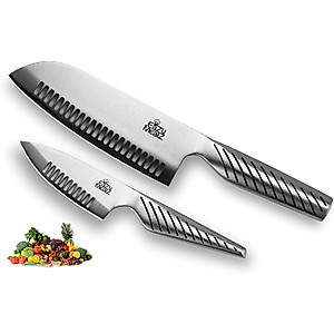 EaZy MealZ Super-Max Sharpness 2 Piece Knife Set | Stainless Steel | Non-Slip Comfort Grip | Professional Quality | All-Purpose | 7” Santoku & 4” Chef’s Knife