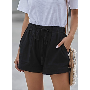 QACOHU Womens Casual Drawstring Elastic Waist Comfy Cotton Linen Shorts Black L Ladies Shorts Sets Outfits Casual