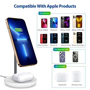 Mag-Safe Wireless Charging Station : 2 in 1 Wireless Charging Stand for iPhone 12/13/14 Series-10w Charging Stand Compatible with Airpods/iPhone 14/12/13 Pro Max Mini（White）