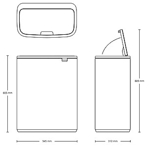 Brabantia Bo Touch Top Trash Can - 1 x 16 Gal Bucket (White) Soft Open/Close Kitchen Garbage & Recycling Can with Removable Compartment