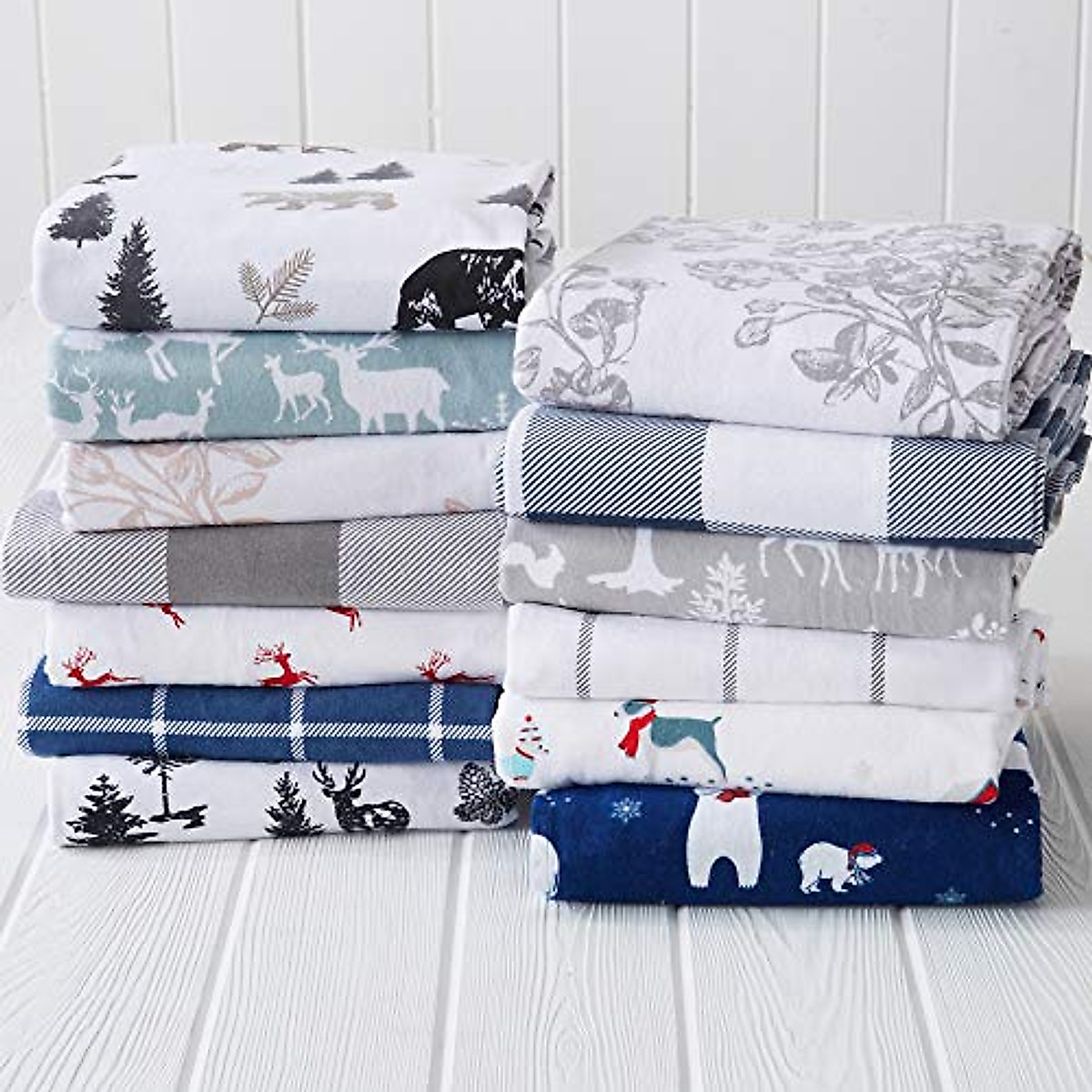 Great Bay Home Bed Linen Set, 4 Piece, Turkish Cotton Queen Winter Flannel Sheet Set, Deep Pocket Fitted Sheet, Soft Sheets, Warm Lodge Bed Sheets, Anti-Pill Flannel Sheets, Enchanted Woods-Grey