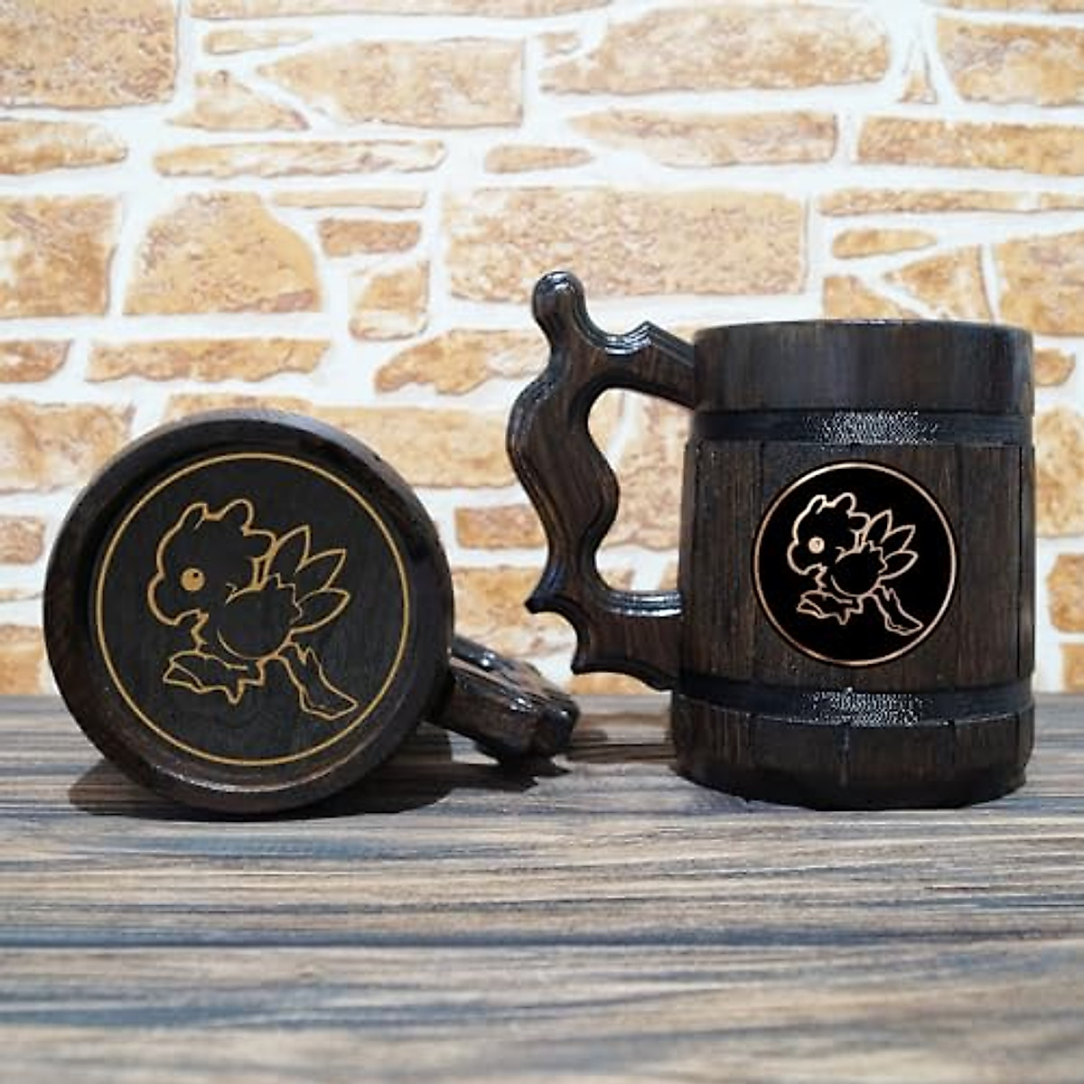 Chocobo Beer Mug, 22 oz, FF Beer Stein, Beer Mugs with Handles, Gamer Gift, Personalized Wooden Beer Tankard, Custom Gift for Men, Gift for Him
