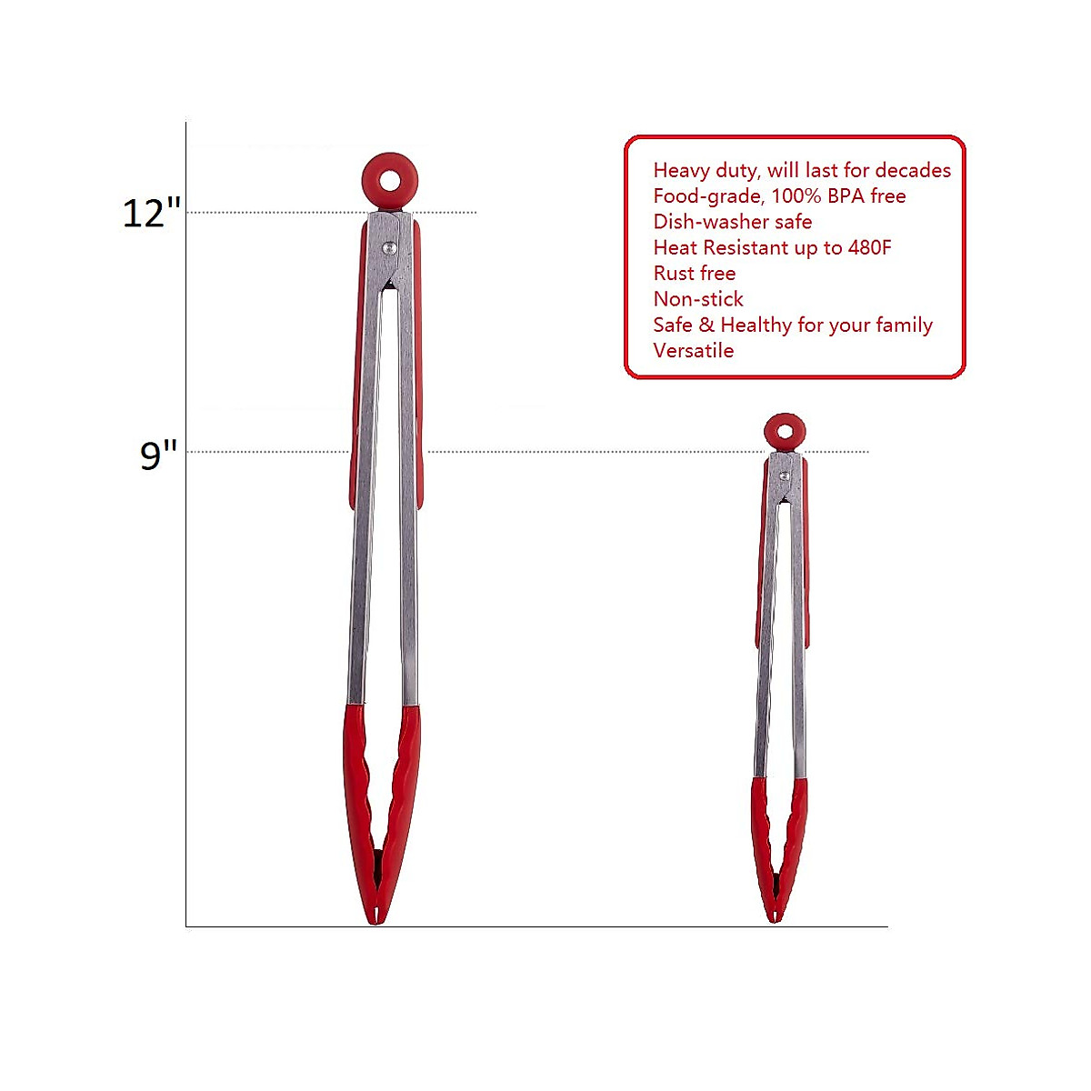 HiramWare Kitchen Tongs Set of 2 – 9 inch & 12 inch – Stainless Steel Food Tongs with Silicone Tips – Premium Locking Non-stick Tongs for Cooking, BBQ, Grilling, Salad - Heavy Duty, BPA Free(Red)