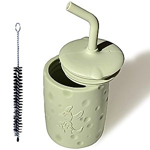 kangookid 6.5 Oz Silicone Baby Cup with Straw | Toddler Smoothie Cup Spill Proof | Baby Training Cup for 6+ Mo to 12-18 Months | Silicone Sippy Cup with Straw for Baby 6 Months (Cheese-Sage)