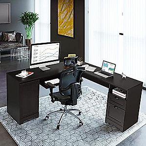 Tangkula 66" × 66" L-Shaped Desk, Corner Computer Desk with Drawers Keyboard Tray and Storage Cabinet, Home Office Desk, Sturdy and Space-Saving Computer Workstation