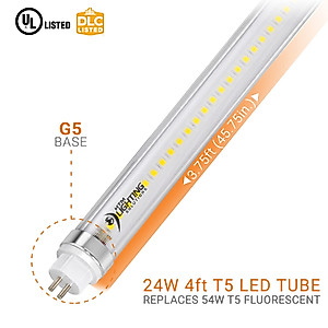 4ft 24W T5 High Output LED Tube Light, 45.75", F54T5 Equal, 5000K (Cool White), Clear Lens, 3500 lm, G5 Mini Base, 100-277V, Ballast Bypass, Dual-End Powered, LED Shop Light, UL-Listed (24-Pack)