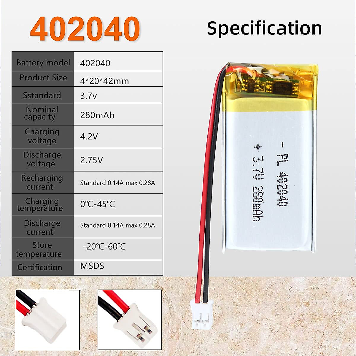 AKZYTUE 3.7V 402040 280mAh Lipo battery Rechargeable Lithium Polymer ion Battery Pack with PH2.0mm JST Connector