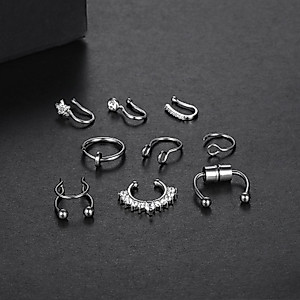 ChiMunllin 9PCS Faux Nose Septum Fake Nose Rings Fake Nose Piercing Studs Rings Stainless Steel Faux Nose Hoop Rings Non Piercing Jewelry for Women Men