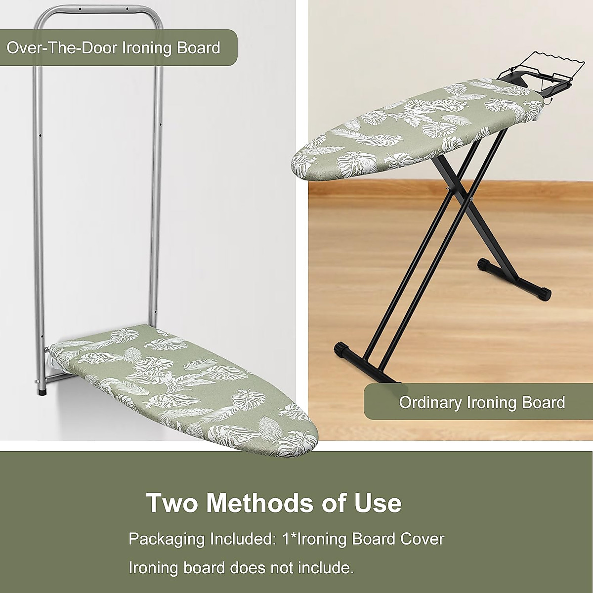 Duwee 14"x40" Heat Resistance Metallic Over The Door Ironing Board Cover Durable Thicken Felt Material Padding Elastic Cord (White Leaves)