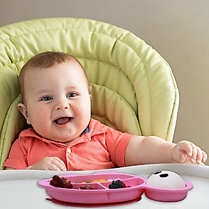 NICINGU Silicone Suction Plate spoon fork sets for Toddlers,Divided Plate Dish Placemat Bowl for Baby Kids Infant Self Feeding Training，Fits Most Highchairs, BPA Free Microwave Dishwasher Safe-Pink