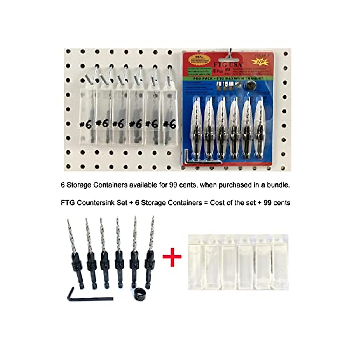 FTG USA Countersink Drill Bit Set 6 Pc #6 (9/64"), 6 Pc #8 (11/64") Wood Countersink Drill Bit Pro Pack Countersink Set, Tapered Countersink Bit, 2 Stop Collar, 2 Hex Wrench