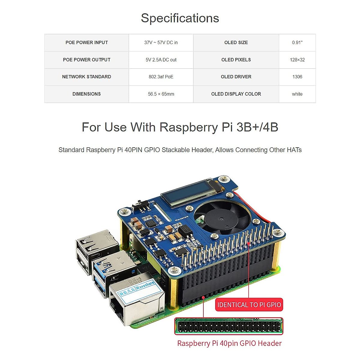Waveshare PoE HAT (B) Power Over Ethernet HAT Supports Raspberry Pi 3B+ and 4B, 802.3af PoE Network