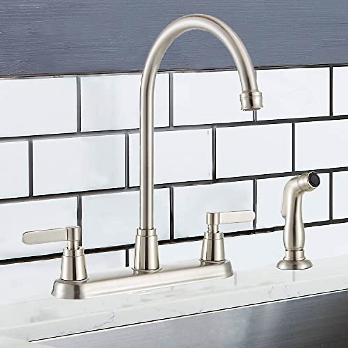 VAPSINT 4 Hole Kitchen Faucet with Sprayer,High Arc Commercial Brushed Nickel Stainless Steel Kitchen Sink Faucet 360 Degree Swivel Pullout Kitchen Faucets for Sink 3 Hole