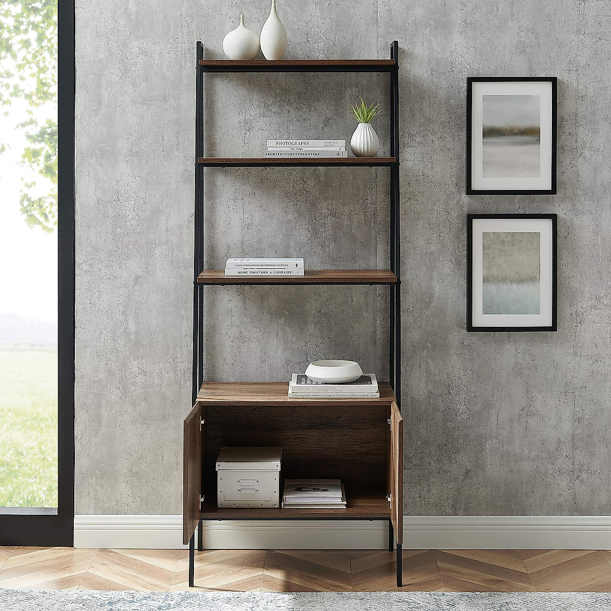 Walker Edison Furniture Company Industrial Modern Ladder Bookcase w/Cabinet, 72 Inch, Reclaimed Barnwood
