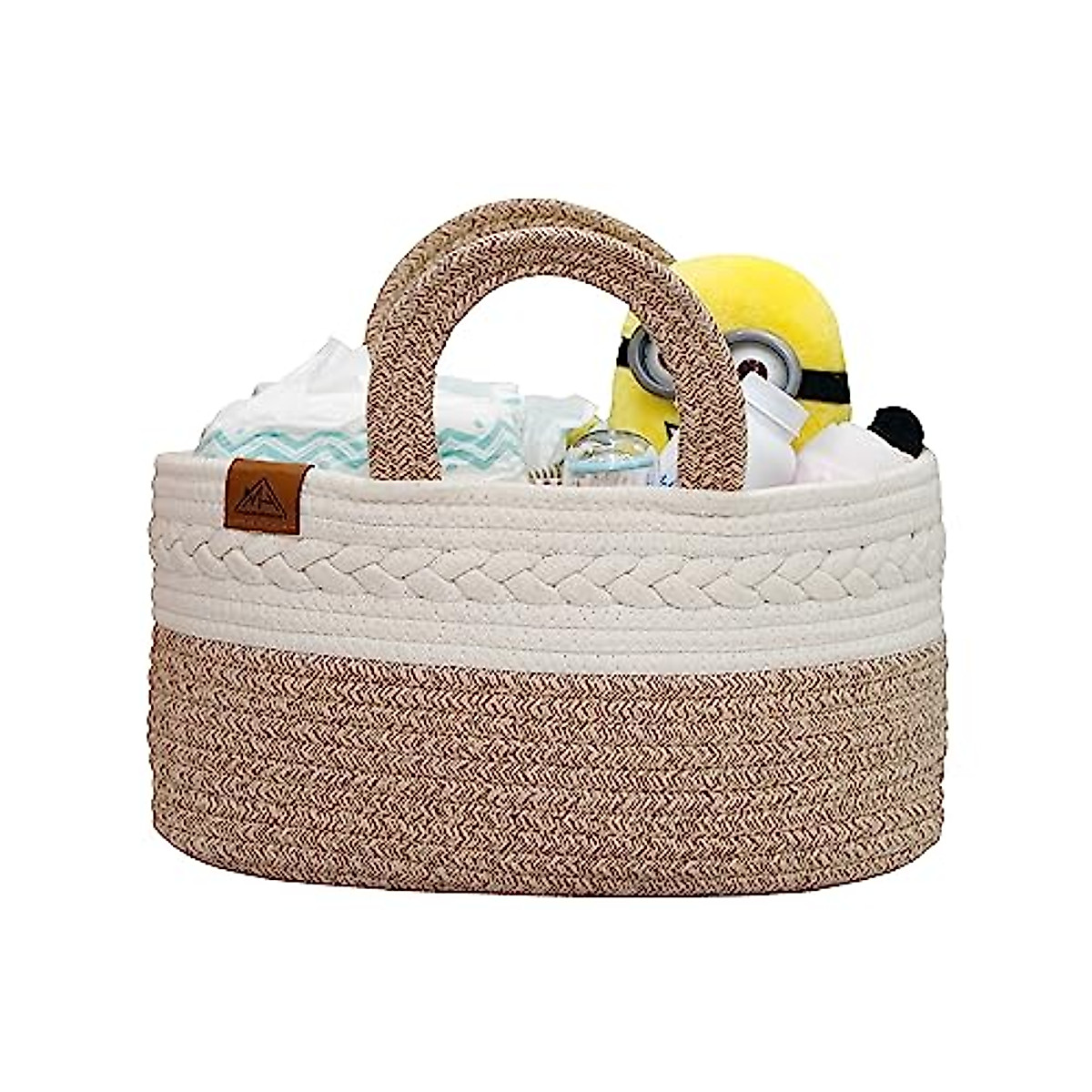 Mojoohouse Baby Diaper Caddy, Nursery Storage Bin and Car Organizer for Diapers and Baby Wipes, Cotton Rope Diaper Basket Caddy, Changing Table Diaper Storage Caddy Baby Gift Baskets, (WHITE-BROWN)