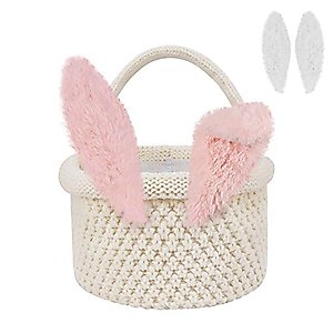LimBridge Easter Decoration, Knitted Basket with 2 Different Sets of Bunny Ears Spring Wicker Easter Baskets for Easter Eggs Hunt, Candy and Gifts, Boys and Girls, Party Supplies