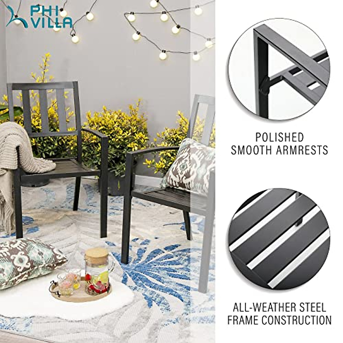 PHI VILLA Patio Dining Chairs, 300Lbs Stackable Wrought Outdoor Metal Dining Chairs with Armrest for Outdoor Kitchen Garden, Backyard - 4 Pack