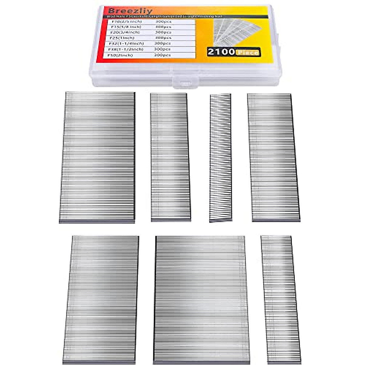Breezliy 2100 PCS Brad Nails 7 Sizes multi-Length Galvanized Straight Finishing Nail,Each specification has an independent sponge anti-collision packaging