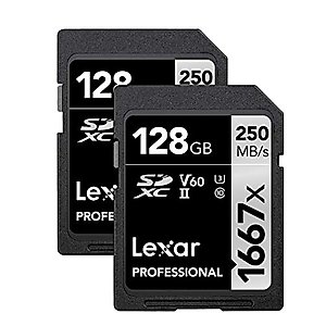 Lexar Professional 1667x 128GB (2-Pack) SDXC UHS-II Memory Cards, C10, U3, V60, Full-HD & 4K Video, Up To 250MB/s Read, for Professional Photographer, Videographer, Enthusiast (LSD128CBNA16672)