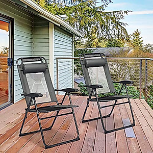 Giantex Set of 2 Patio Dining Chairs, Folding Lounge Chairs with 7 Level Adjustable Backrest, Headrest, 300 Lbs Capacity, Outdoor Portable Chairs with Metal Frame (2, Gray)