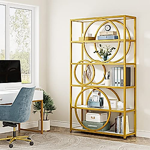 Tribesigns 5-Tier Bookshelf, 71" H Gold Book Shelf Large Bookcases and Bookshelves with Chic Circular Design, Tall Open Display Shelf Storage Rack for Home Office Living Room, Bedroom, White&Gold