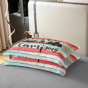 100% Cotton Happy Camping Duvet Cover Queen RV Camper Trailer Bedding Set for Boys Girls Bedroom Farmhouse Style Wooden Stripes Comforter Cover Red Blue Soft Breathable Quilt Cover