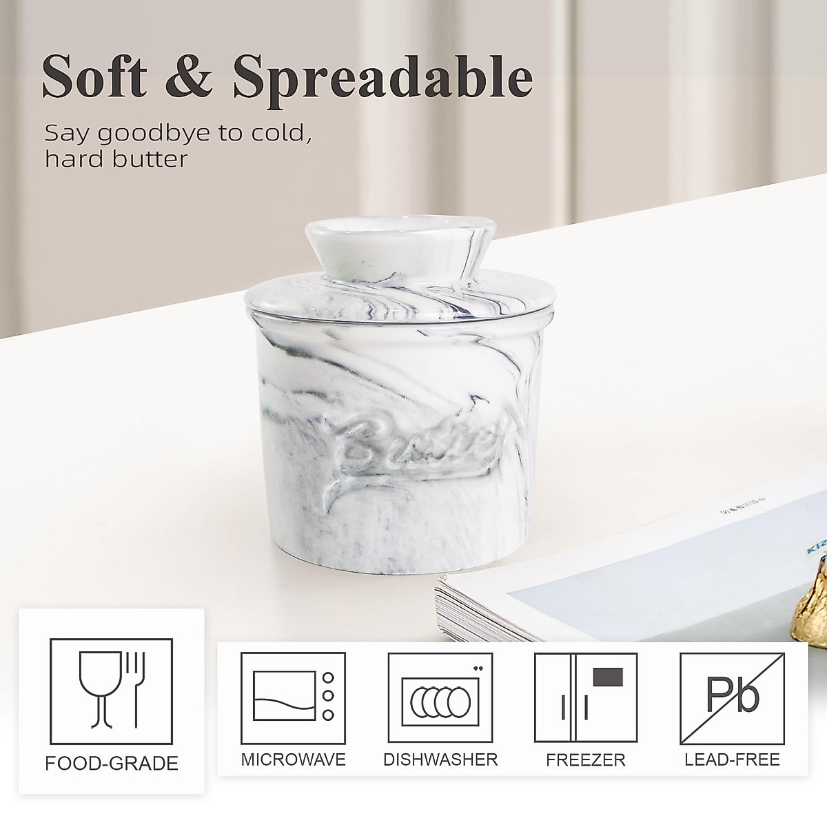 MSJGA Butter Crock for Counter with Water, French Butter Keeper for Spreadable Butter Marble Ceramic Butter Dish with Lid for Countertop, Butter Container Holder