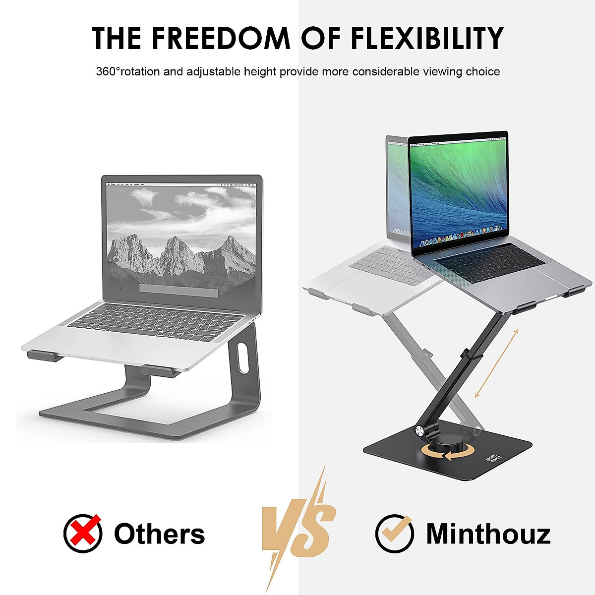 Minthouz 360 Rotating Laptop Stand for Desk - Aluminum Laptop Riser Adjustable Height up to 16.3 inch, Ergonomic Computer Stand for All Laptops 10-17 inch