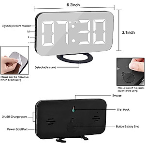 Digital Alarm Clock,6" Large LED Display with Dual USB Charger Ports | Auto Dimmer Mode | Easy Snooze Function, Modern Mirror Desk Wall Clock for Bedroom Home Office for All People (Black)